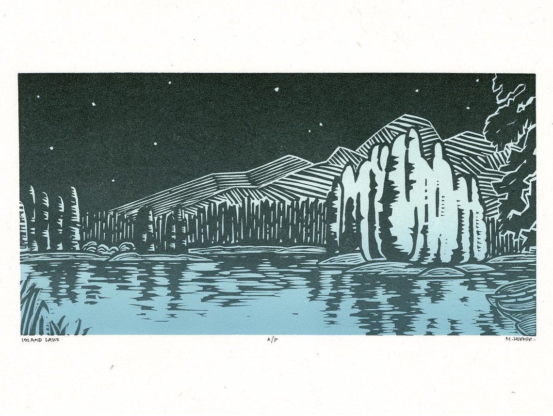 Last Light at Island Lake • 12 x 18" linocut print | Clawhammer Press